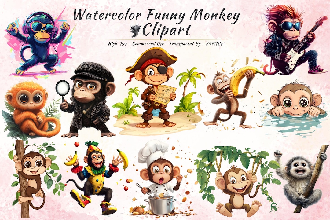 Watercolor Funny Monkey Clipart: Cartoon PNG Bundle (commercial Use) - Etsy