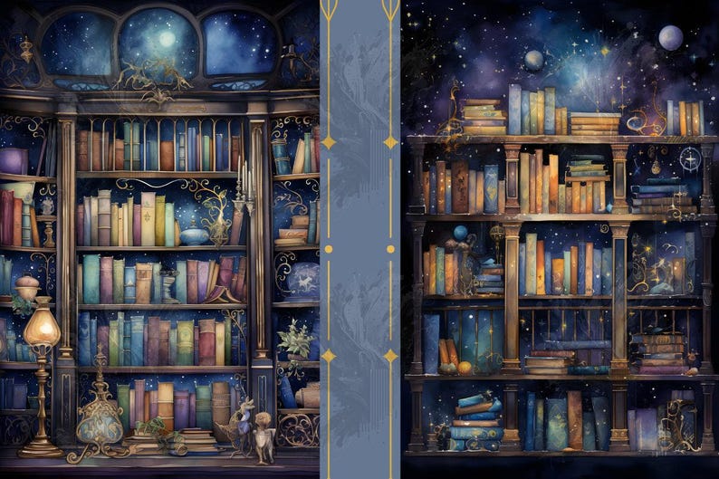 Celestial Bookshelf Digital Paper Pack | Mystical Wizard Library ...