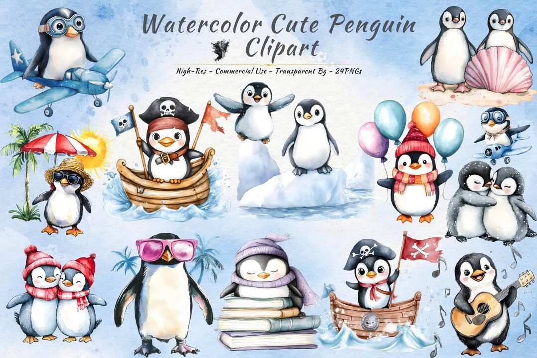 Watercolor Penguin Clipart: Winter & Summer PNG Bundle - Etsy