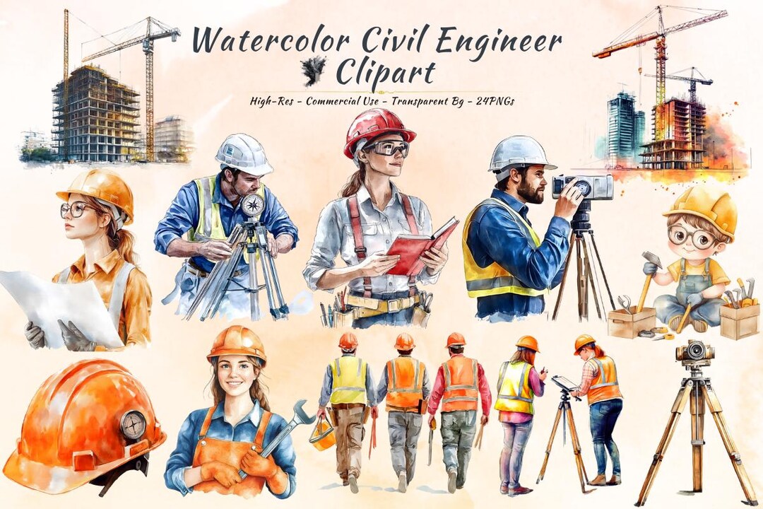 Watercolor Civil Engineer Clipart - 24 Pngs Digital Download ...