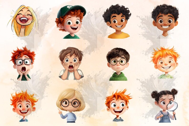 Watercolor Kids Emotions Clipart | Cute Child Faces PNG | Digital ...