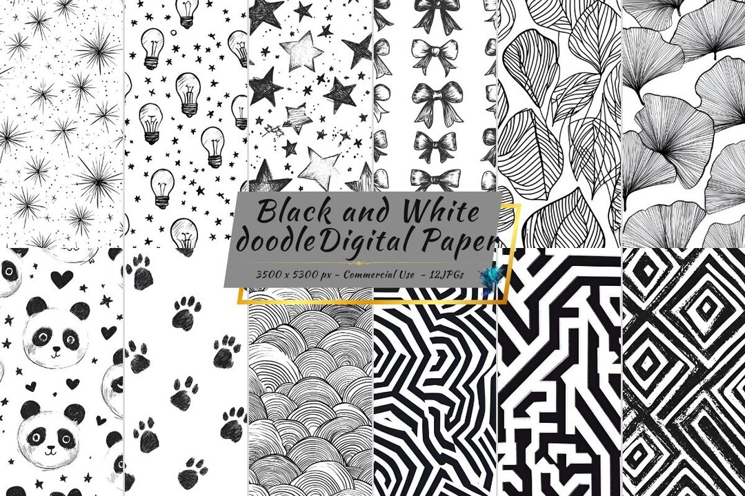 Black and White Doodle Digital Paper | Hand Drawn Patterns | 12 JPG ...