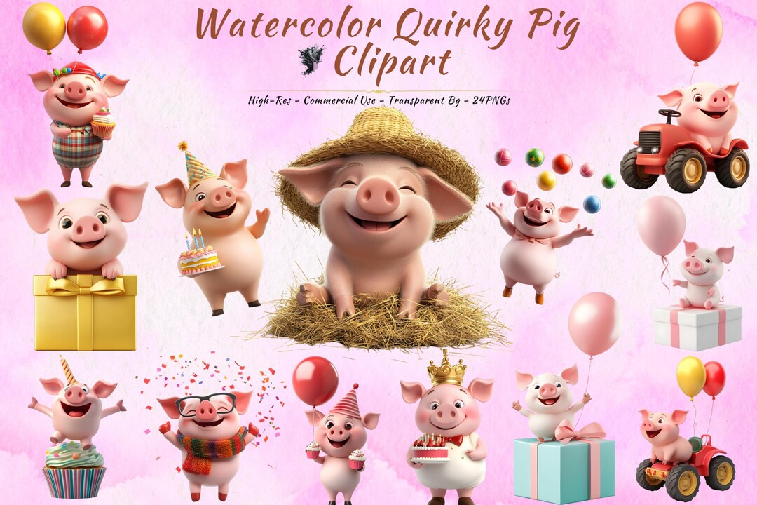 Watercolor Quirky Pig Clipart Set, Cute Birthday Pig PNG, Farm Animal ...