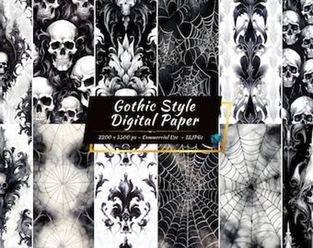 Black and White Gothic Digital Paper Pack | Skull, Cobweb, Damask ...