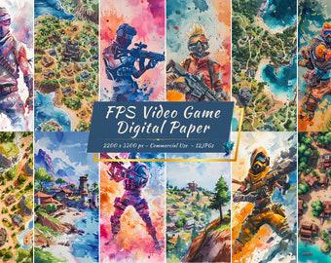 FPS Video Game Digital Paper Pack Characters, Landscape and Map ...