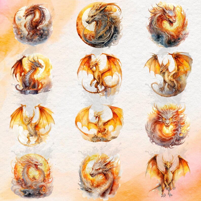 Sun Dragon Clipart Bundle, Celestial Fire Mystical Fantasy Red Gold (20 ...