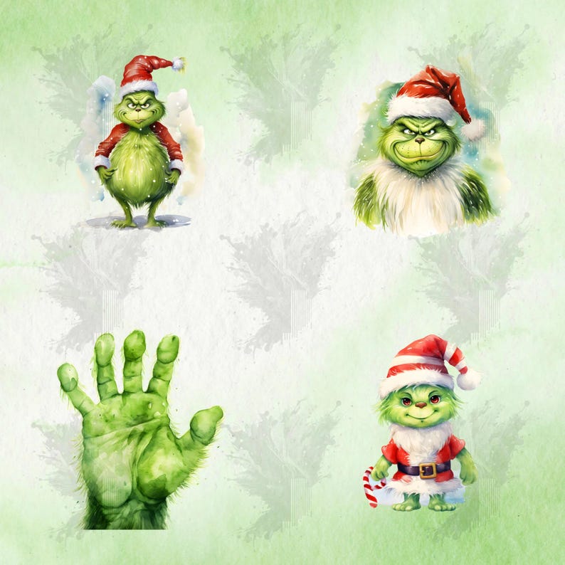 Grinch Christmas Clipart: Kawaii Green Monster PNG Collection - Etsy