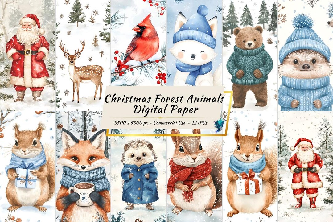 Christmas Animals Digital Paper | Woodland Holiday Patterns (digital ...