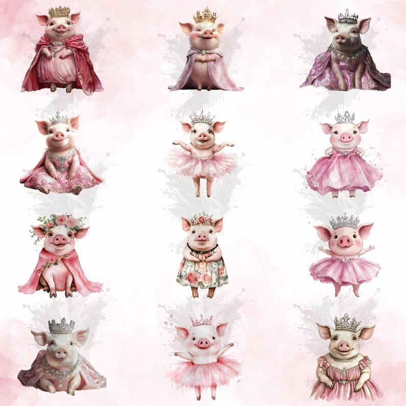 Watercolor Pig Queen Clipart: Royal Farm Animal PNG (24 PNG) - Etsy