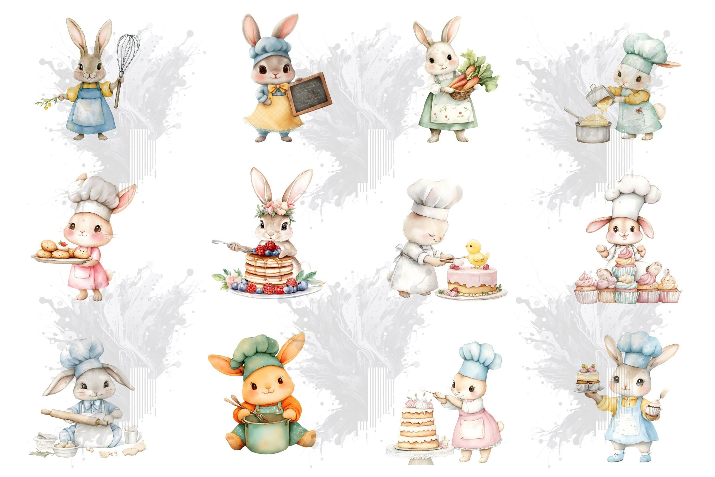 Watercolor Bunny Chef Clipart | 24 PNG Digital Downloads | Cute Baking ...