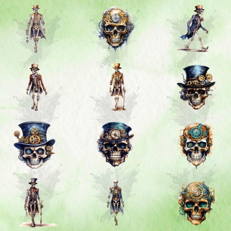 Steampunk Skull and Skeleton Clipart Collection | Victorian, Intricate ...