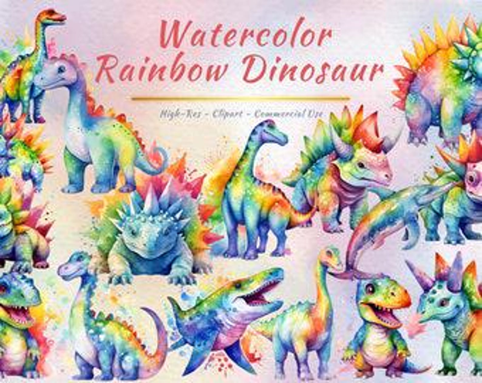 Rainbow Dinosaur Clipart Bundle: Dino Birthday PNG Collection (digital ...