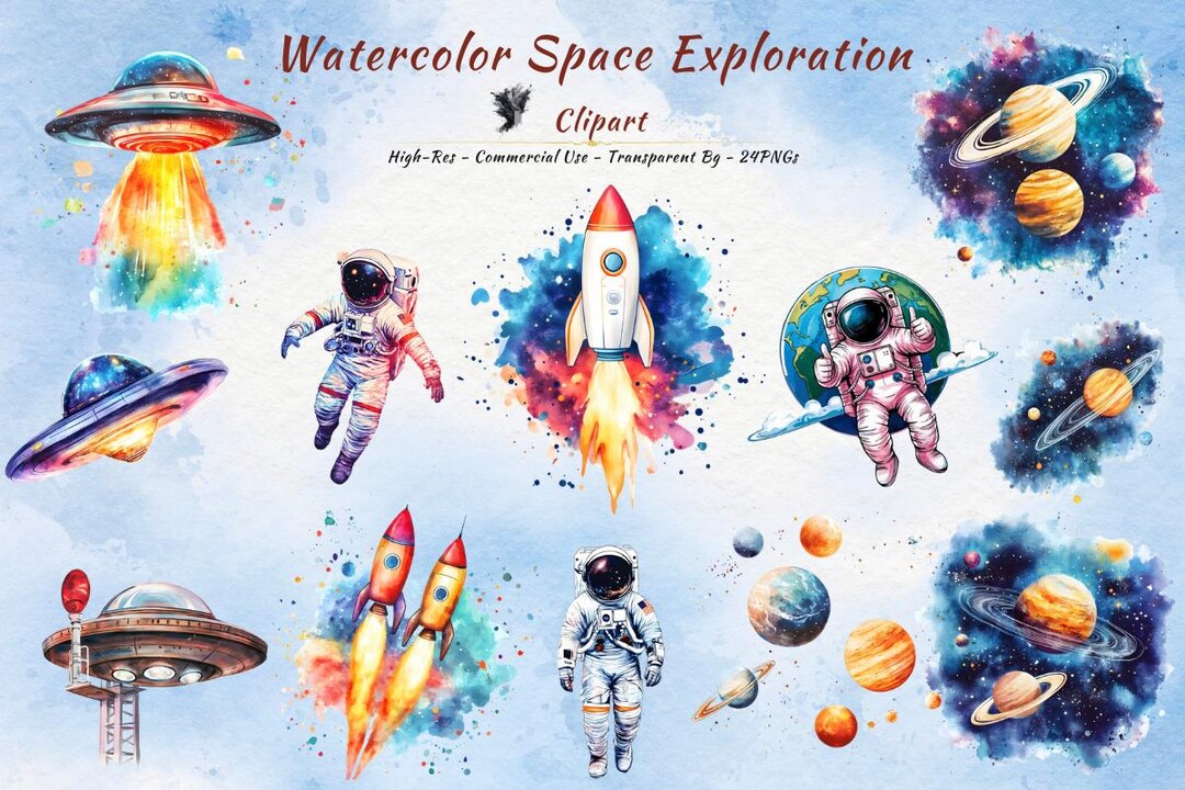 Watercolor Space Clipart: Astronauts, Planets, Rockets (PNG Digital ...