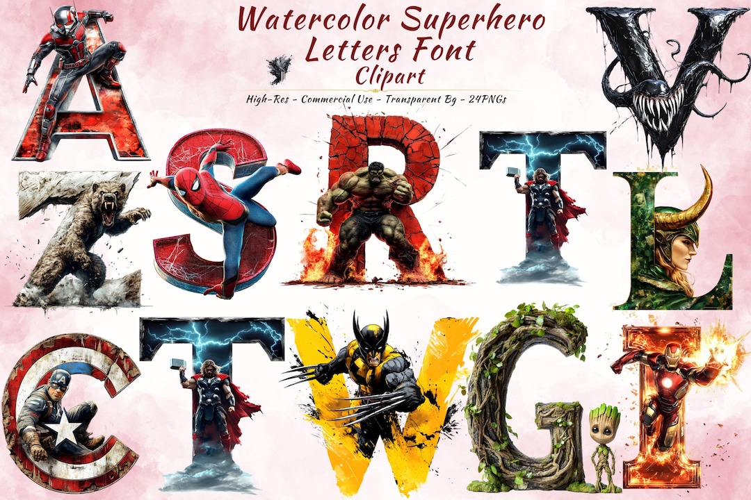 Comic-inspired Alphabet Clipart | Watercolor Hero Letter Graphics ...