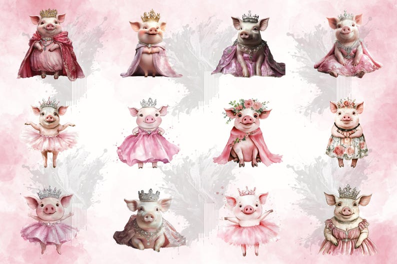 Watercolor Pig Queen Clipart - Cute Pig Princess PNG - Pink Farm Animal ...
