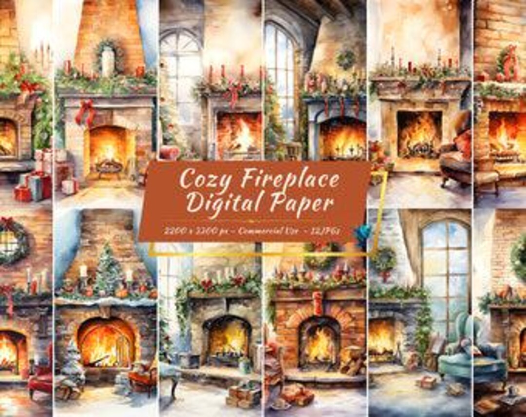 Cozy Christmas Fireplace Digital Paper Pack | Warm Family House ...