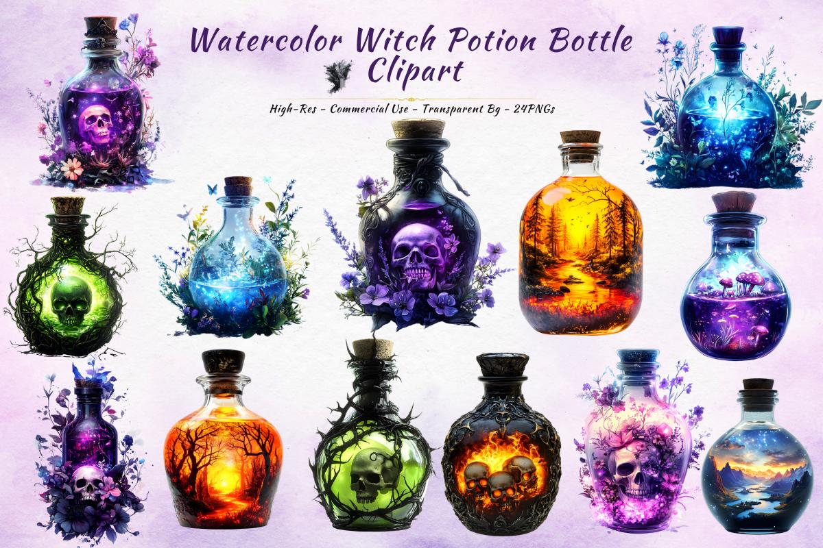 Watercolor Witch Potion Bottle Clipart: Magic Elixir PNG (digital ...