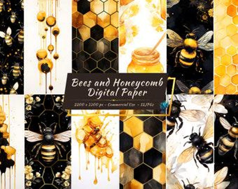 Bee and Honeycomb Digital Paper Pack | Glamorous Black and Gold ...