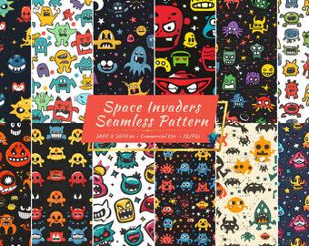 Cartoon Seamless Digital Paper Collection | Cute Space Invaders ...