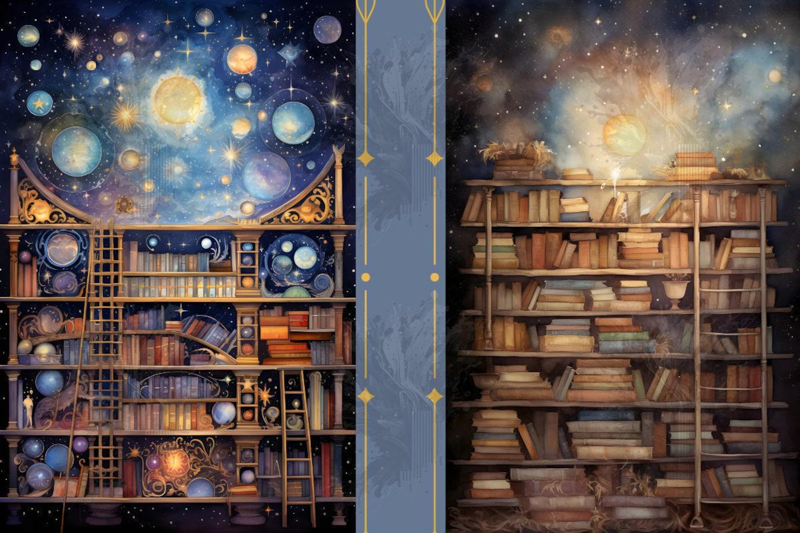 Celestial Bookshelf Digital Paper Pack | Mystical Wizard Library ...