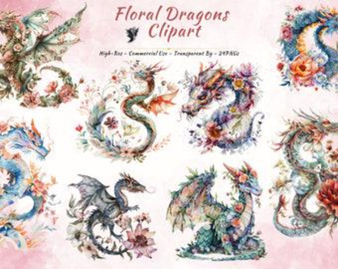 Floral Dragon Clipart Collection | Cute, Mystical Dragon PNG Images - Etsy