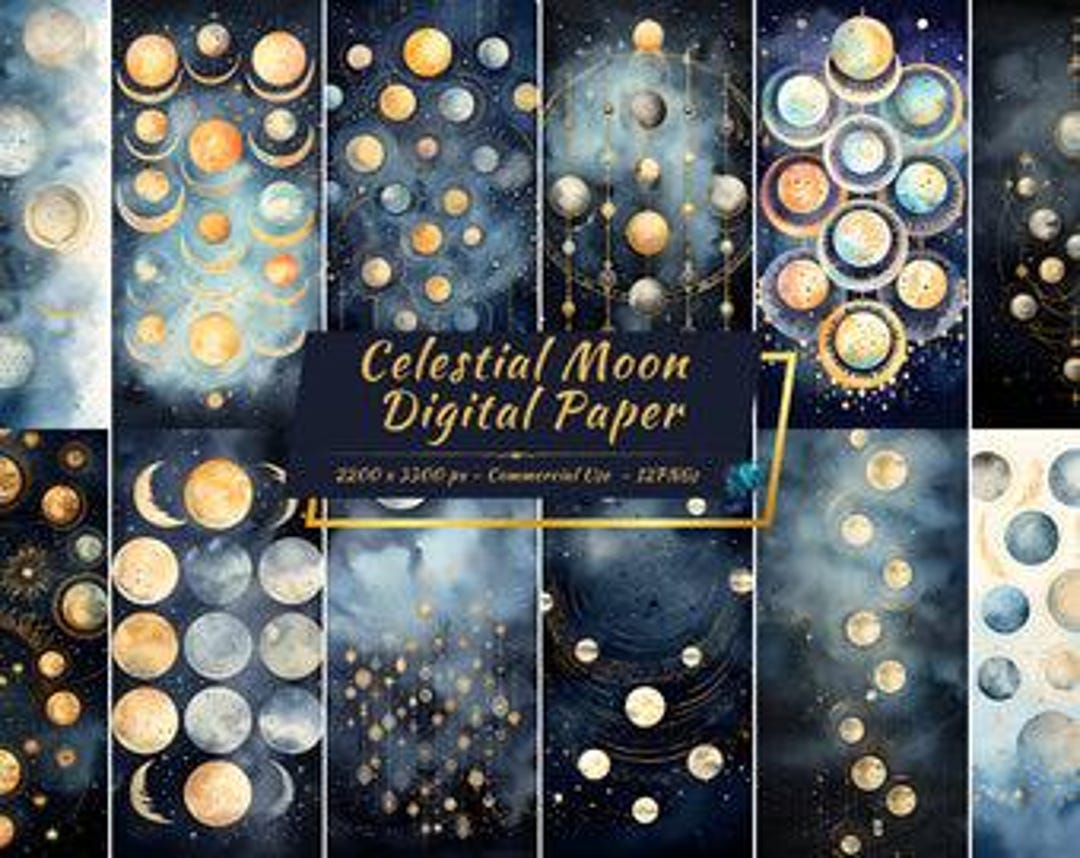 Celestial Moon Phases Digital Paper Pack | Enchanting Lunar Designs and ...