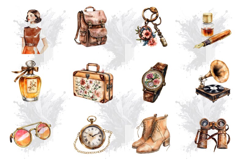 Vintage Watercolor Clipart | Retro Aesthetic PNG | Antique Fashion ...