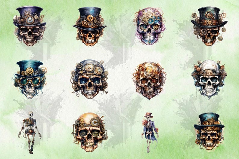Steampunk Skull and Skeleton Clipart Collection | Victorian, Intricate ...
