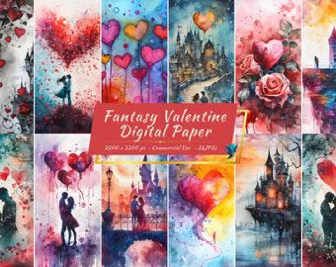 Fantasy Love Valentines Day Digital Paper Set | Colorful Love for ...