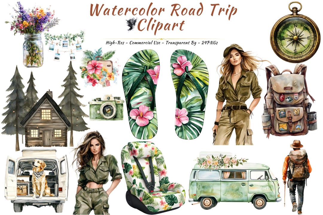 Watercolor Road Trip Clipart: Camper Van, Hiking Girl, Compass (24 Pngs ...