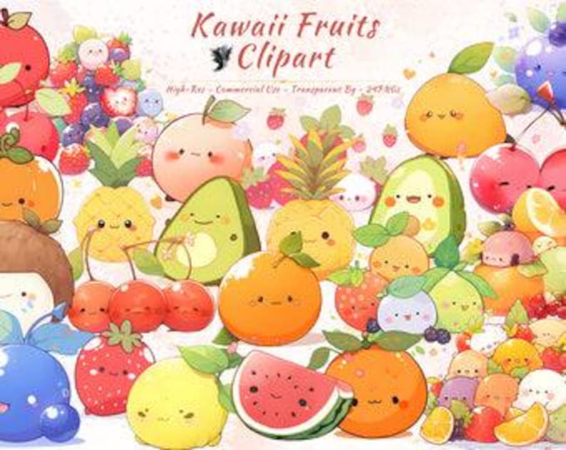 Kawaii Fruit PNG Clipart Set | Cute, Chibi Anime Style Strawberry ...