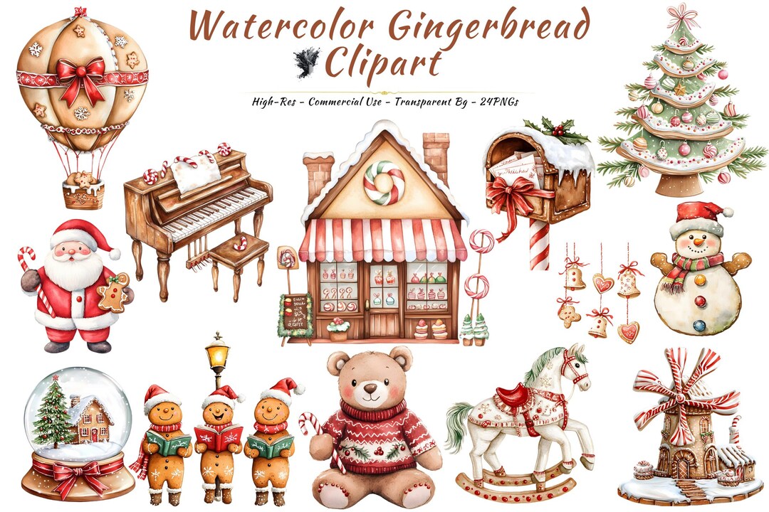 Christmas Clipart Bundle, Watercolor Gingerbread House Santa Snowman ...