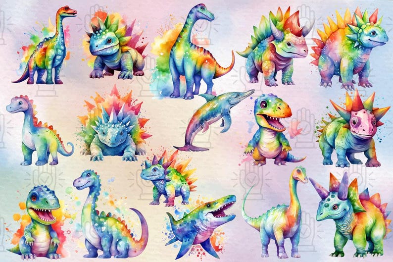 Rainbow Dinosaur Clipart Bundle: Dino Birthday PNG Collection (digital ...