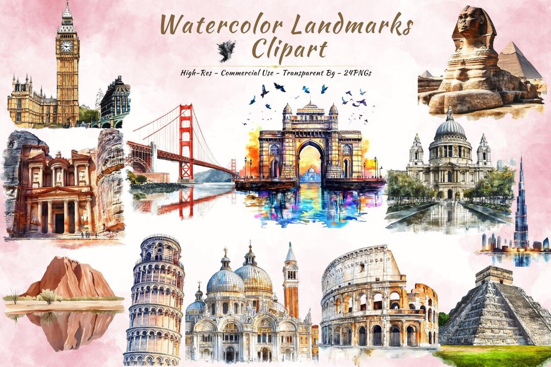 Watercolor Landmarks Clipart: Famous Buildings PNG (commercial Use) - Etsy