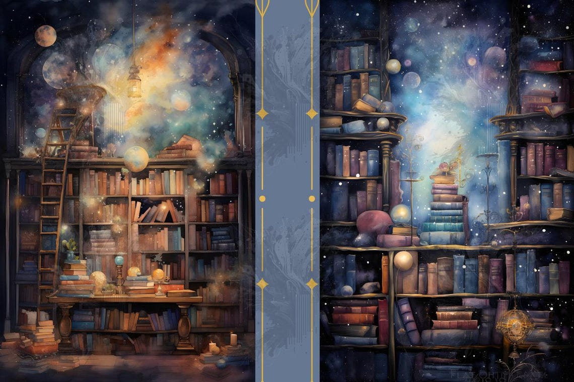 Celestial Bookshelf Digital Paper Pack | Mystical Wizard Library ...