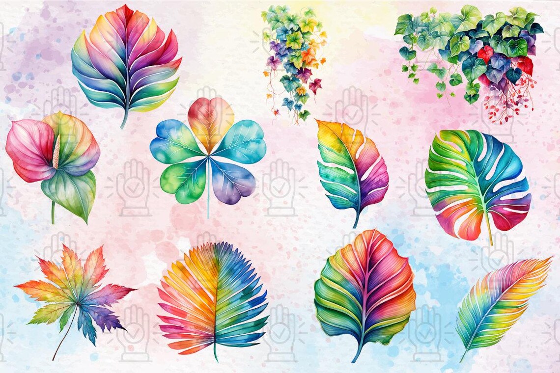 Rainbow Tropical Leaves Clipart: PNG Botanical Bundle (digital Download ...
