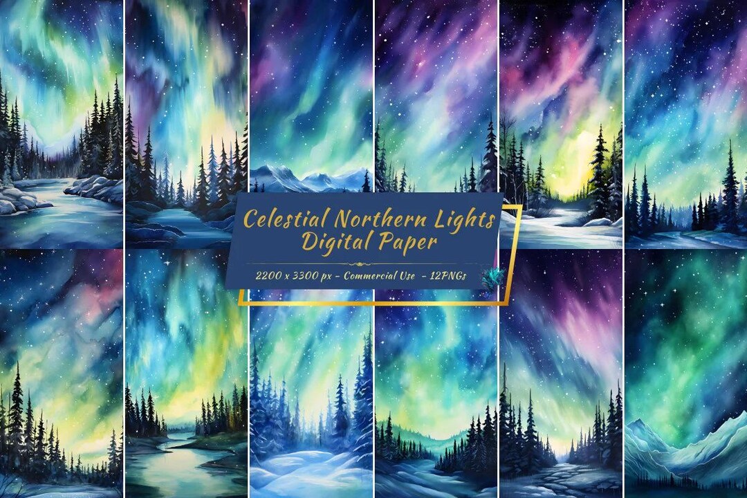Celestial Northern Lights Digital Paper Pack | Night, Aurora Borealis ...