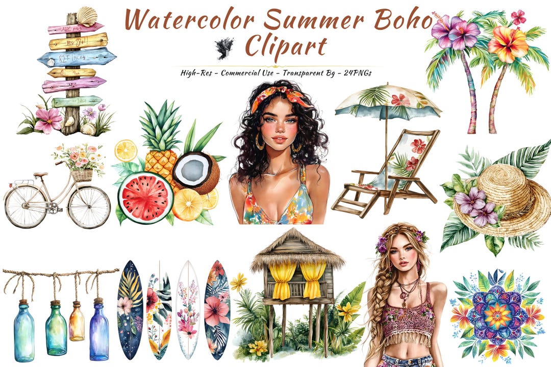Watercolor Summer Boho Clipart Bundle | Tropical PNG Elements | Beach ...
