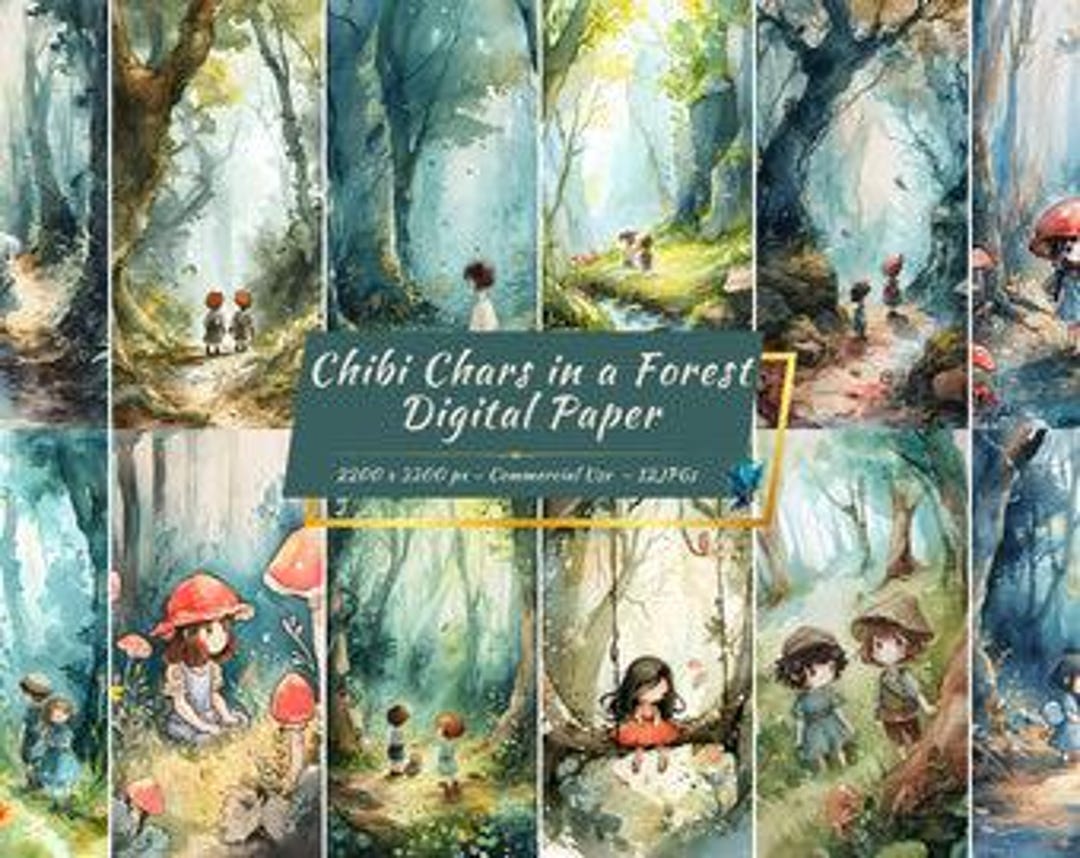Kawaii Characters in a Forest Digital Paper Collection | Chibi ...