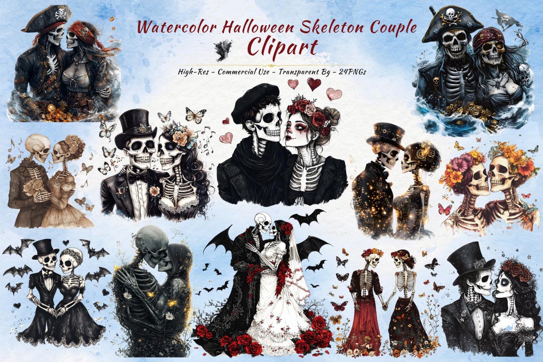Skeleton Couple PNG Clipart | Gothic Skull Wedding Art | Halloween PNG ...