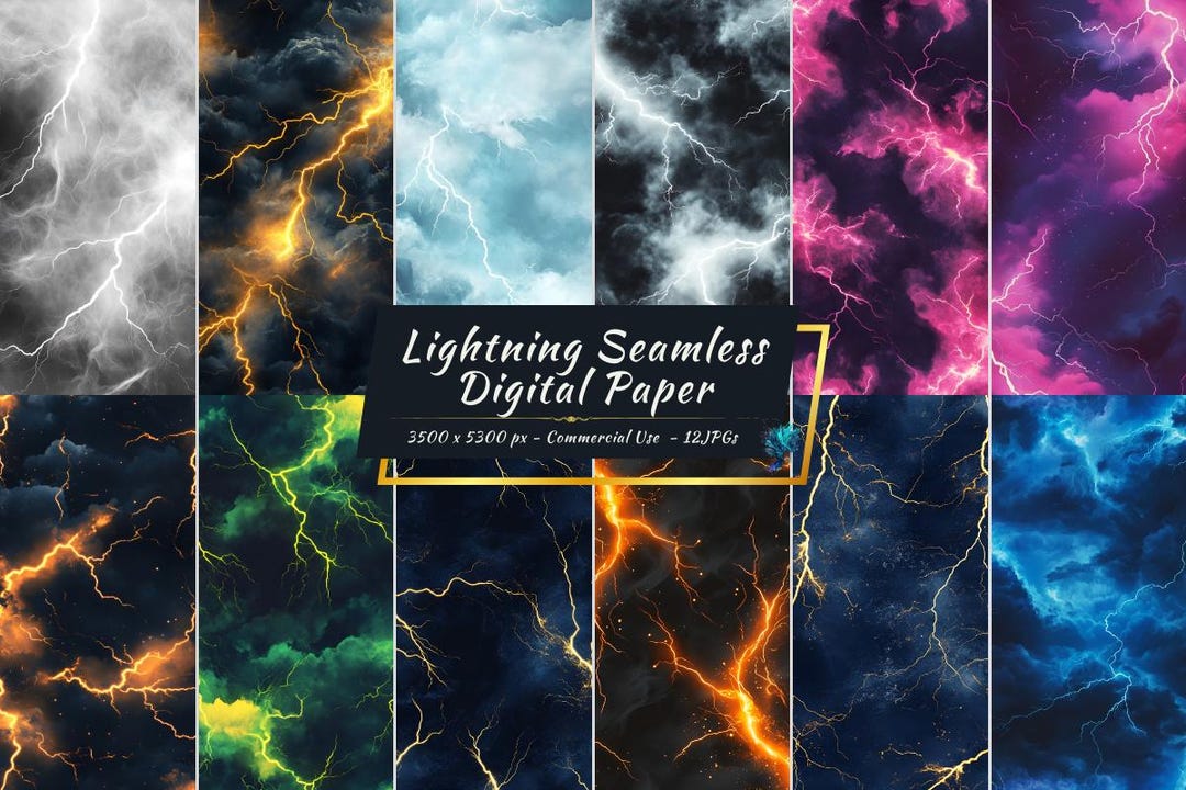 Lightning Seamless Digital Paper, 12 Jpgs, Thunderstorm Backgrounds ...
