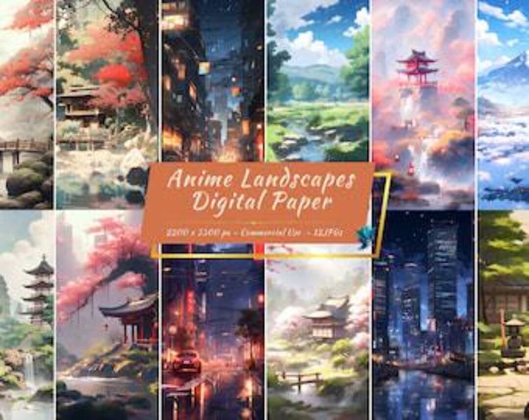 Tranquil Japanese Anime Landscape Digital Paper Collection | Nature ...