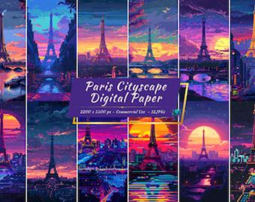 Pixelated Paris Digital Paper Collection | Sunset at Eiffel Tower ...