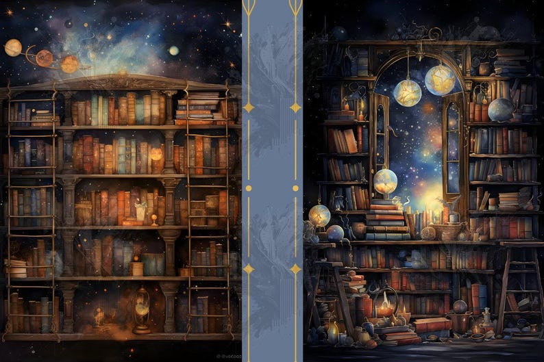 Celestial Bookshelf Digital Paper Pack | Mystical Wizard Library ...