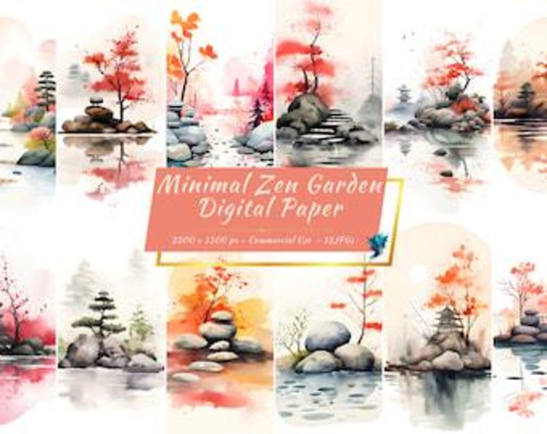 Japanese Zen Garden Digital Paper, Minimal Calming Pastel Nature ...
