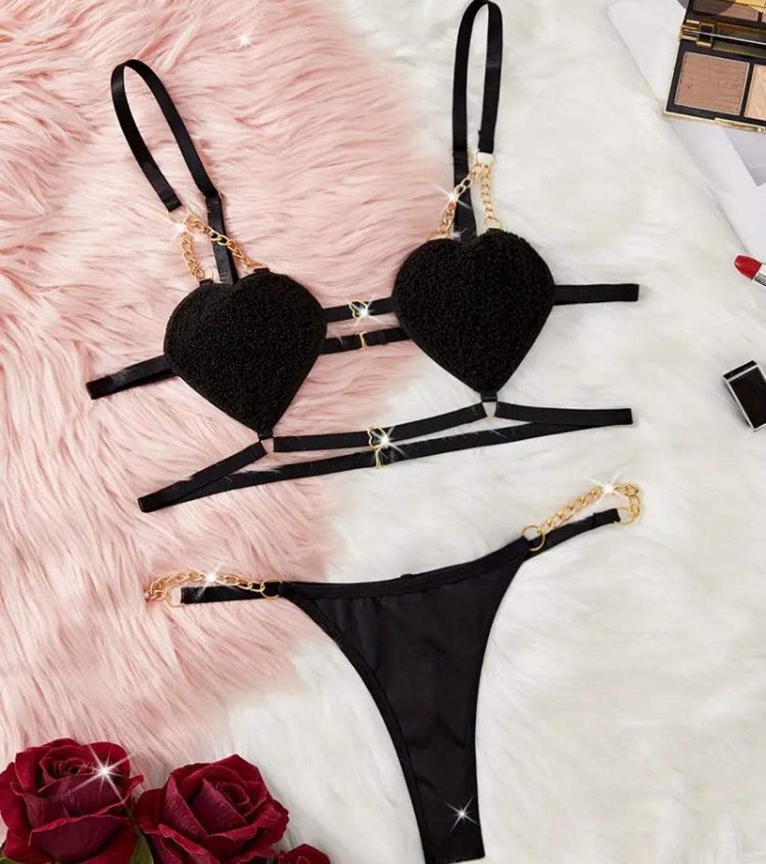 Black Lingerie,heart Design,chain Details - Etsy