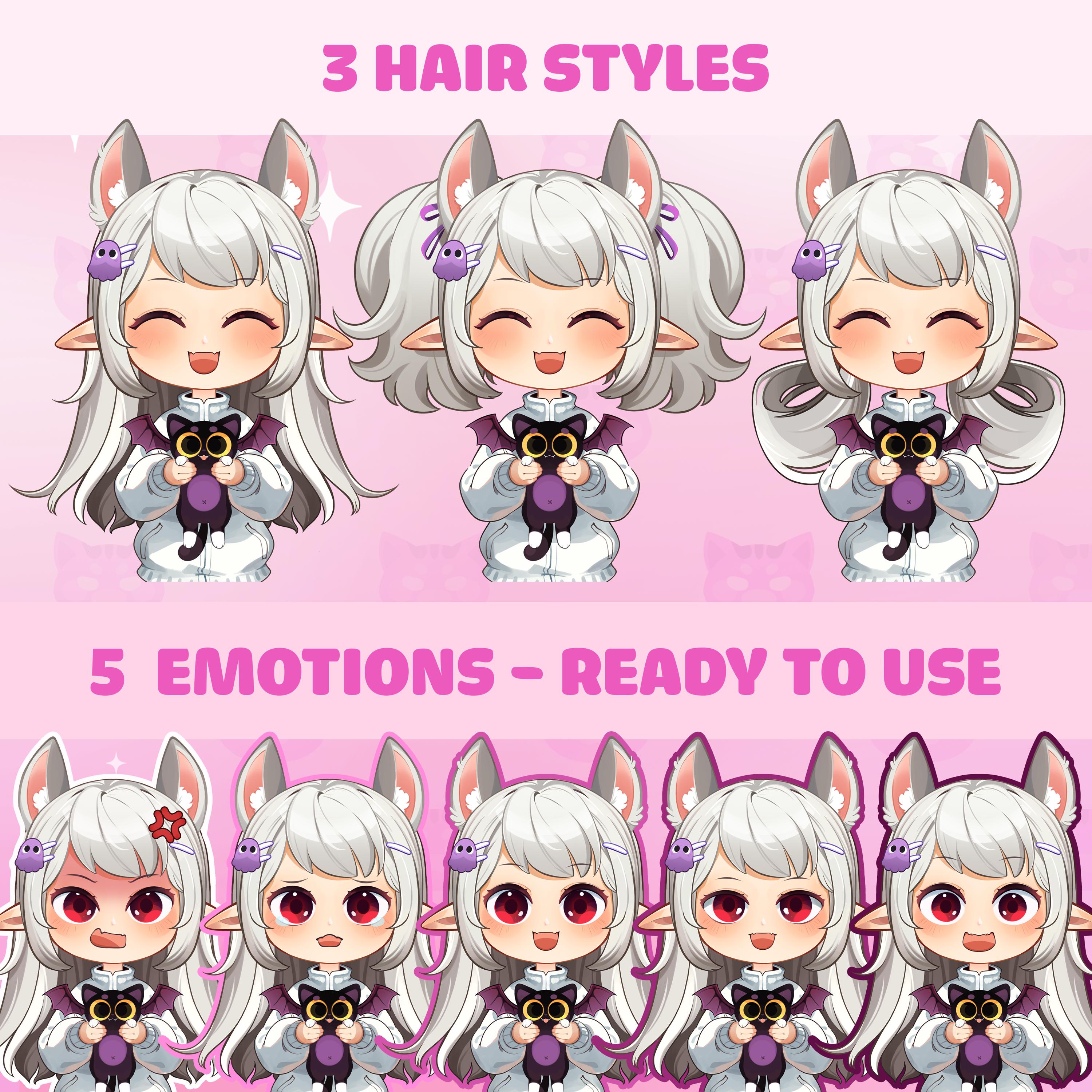 Chibi Girl Pngtuber Model | 3 Hairstyles, 5 Emotions (digital Download ...