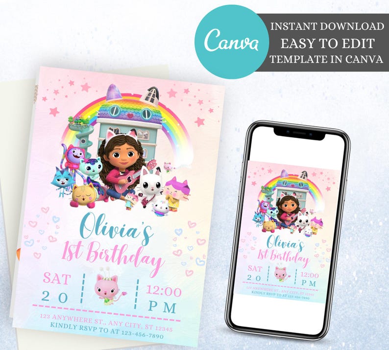 Editable Gabbys Dollhouse Birthday Invitation Template Digital Gabby ...