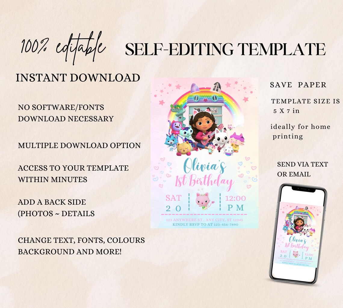 Editable Gabby's Dollhouse Birthday Invitation (digital Download) - Etsy