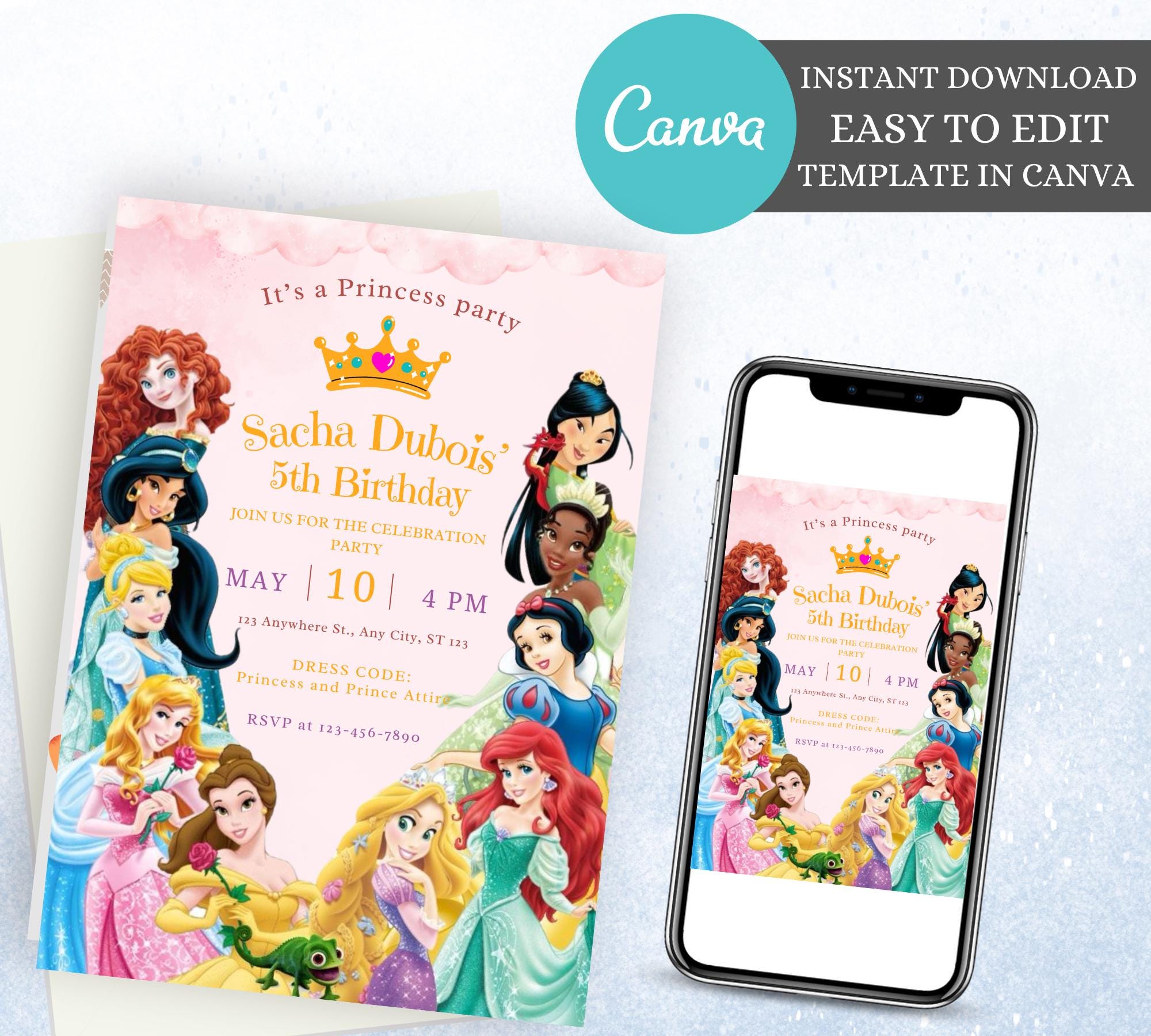 Princess Birthday Invitation Template Editable Printable Invite ...